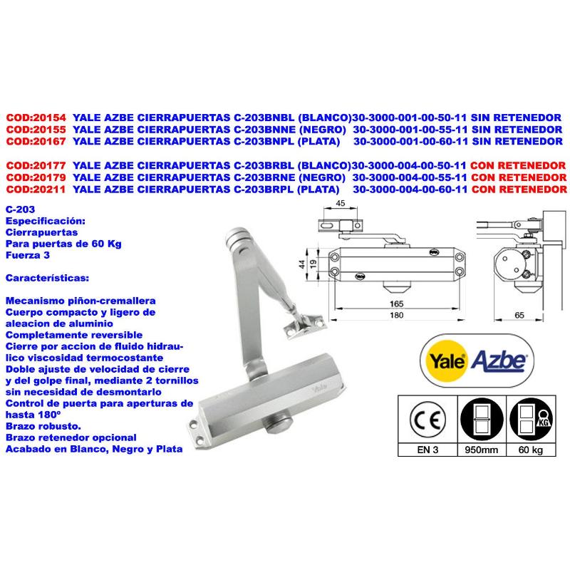 cierrapuertas de sobreponer yale 3500, con brazo normal. fuerzas en2/3/4. color negro.